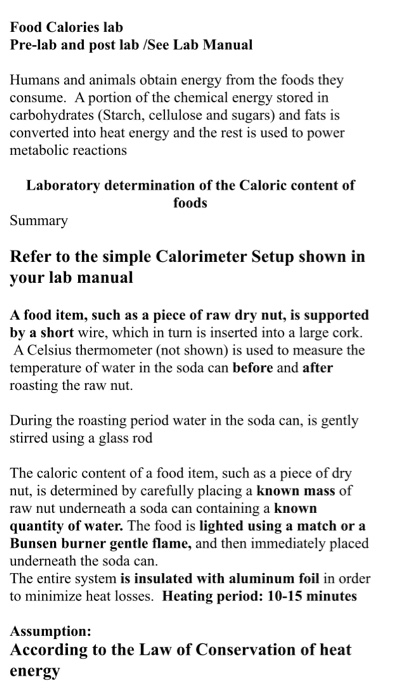 Solved Food Calories lab Pre-lab and post lab /See Lab | Chegg.com
