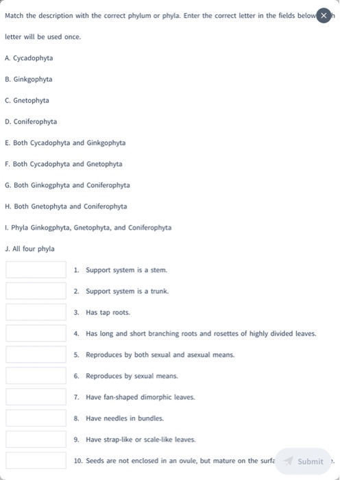 Solved Match the description with the correct phylum or | Chegg.com
