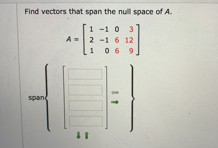 Solved Find vectors that span the null space of A. [ 1 -1 0 | Chegg.com