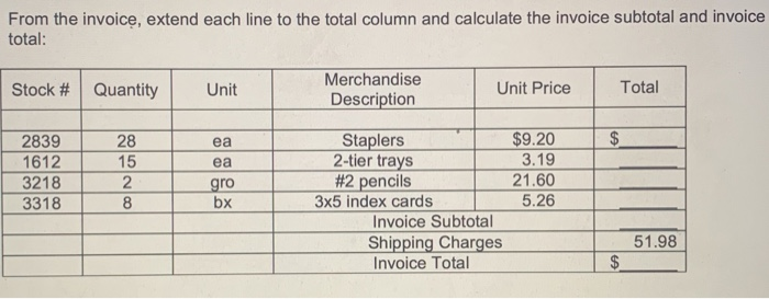 Solved From the invoice, extend each line to the total | Chegg.com