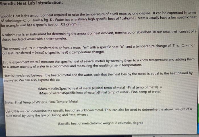Specific Heat Lab Introduction: Specific Heat is the | Chegg.com