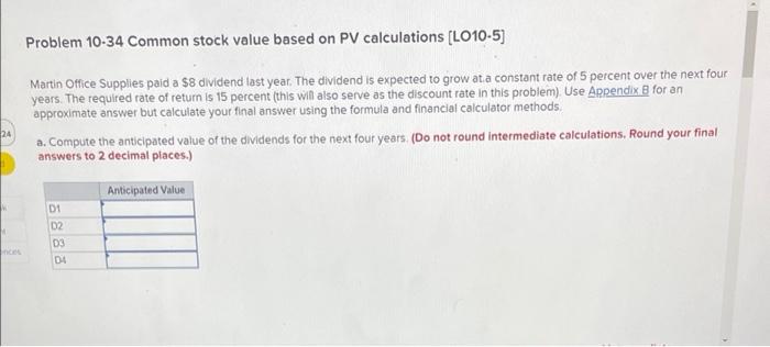 Solved Problem 10-34 Common stock value based on PV | Chegg.com