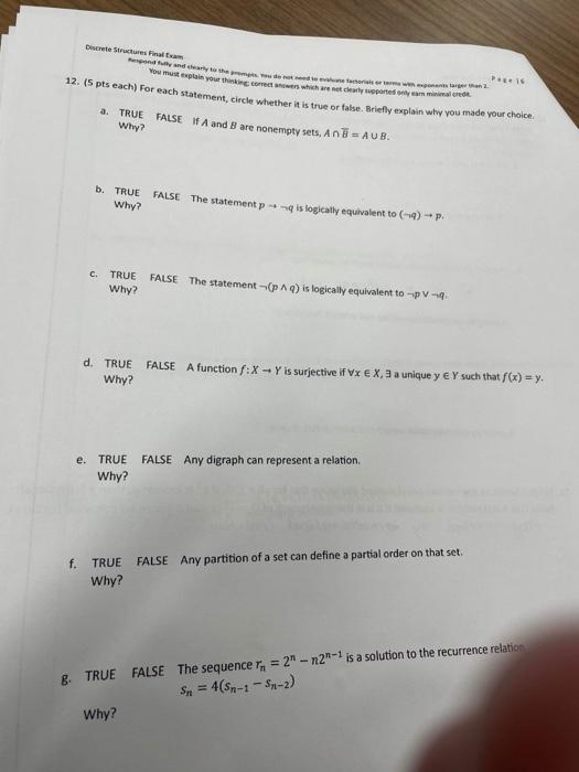 Solved 12. ( 5 pts each) For each statement, circle whether | Chegg.com