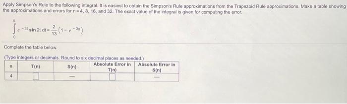 Solved Apply Simpson's Rule to the following integral. It is | Chegg.com