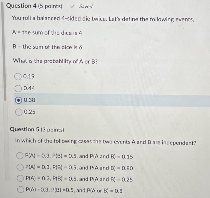 Solved You roll a balanced 4-sided die twice. Let's define | Chegg.com