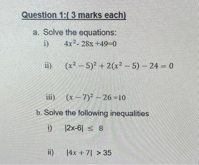 Solved a. Solve the equations: i) 4x2−28x+49=0 ii) | Chegg.com
