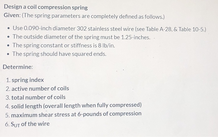 Solved Design a coil compression spring Given: (The spring | Chegg.com