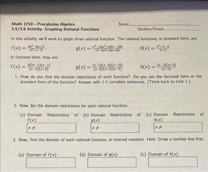 Solved Math 1710 - Precalculus Algebra 3.5/3.6 Activity- | Chegg.com