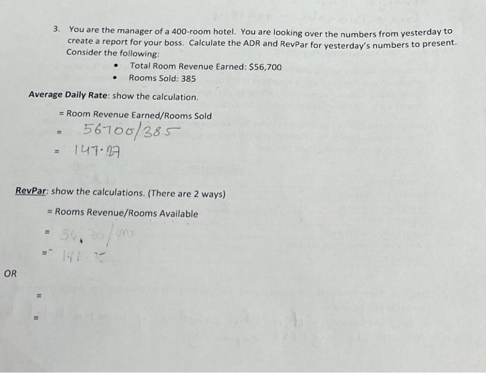 Solved OR Average Daily Rate: show the calculation. = Room | Chegg.com