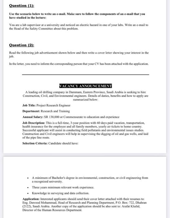 Question (1): Use the scenario below to write an | Chegg.com