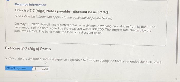 Solved Required information Exercise 7-7 (Algo) Notes | Chegg.com