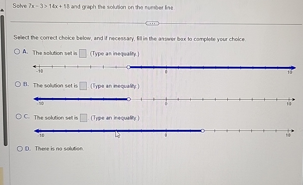 Solved Solve 7x-3>14x+18 ﻿and graph the solution on the | Chegg.com
