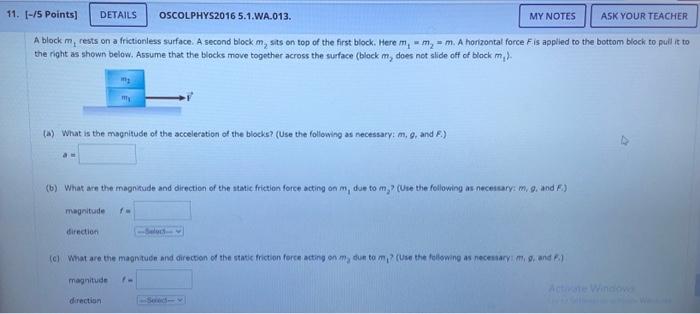 Solved A block m1 rests on a frictionless surface. A second | Chegg.com