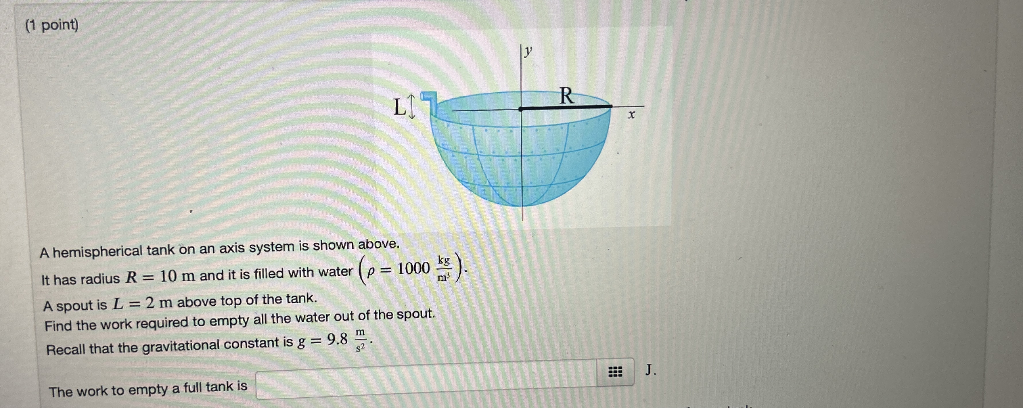 Solved (1 ﻿point)A hemispherical tank on an axis system is | Chegg.com