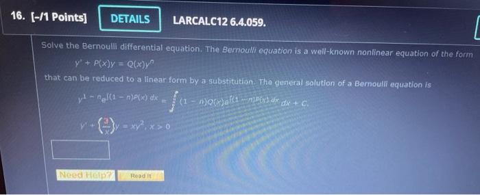 Solved Solve the Bernoulli differential equation. The | Chegg.com