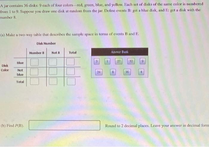 Solved A jar contains 36 disks: 9 each of four colors red, | Chegg.com