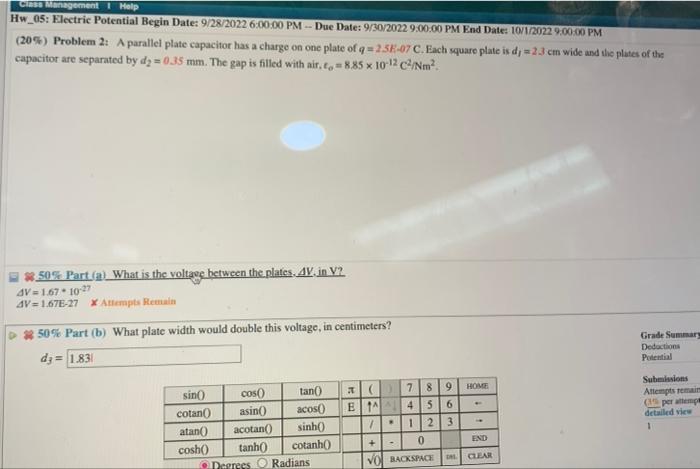 Solved (20\%) Problem 2: A parallel plate capacitor has a | Chegg.com