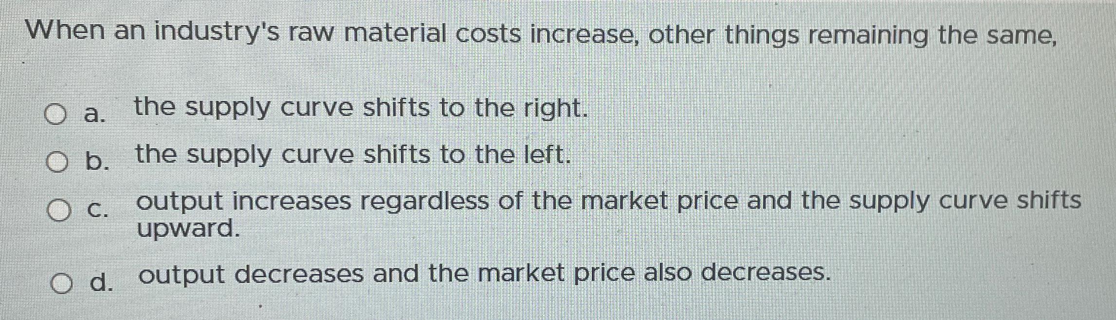 Solved When an industry's raw material costs increase, other | Chegg.com