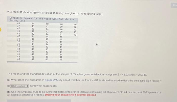Solved A sample of 65 video game satisfaction ratings are | Chegg.com