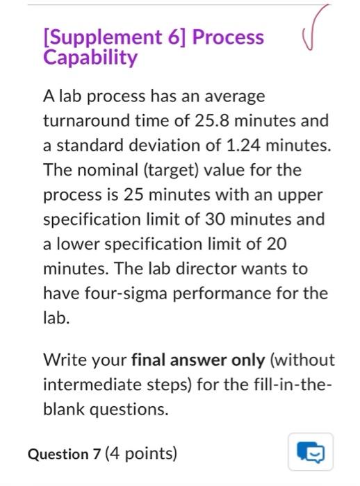 Solved [Supplement 6] Process Capability A lab process has | Chegg.com