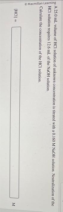 Solved A 25.0 mL volume of HCl solution of unknown | Chegg.com