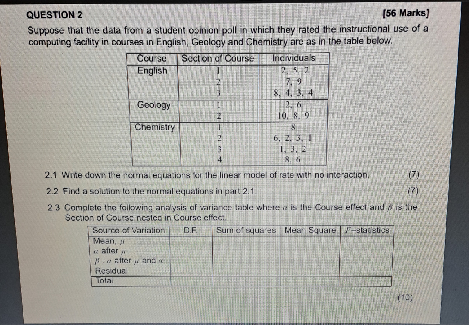 Solved QUESTION 2[56 ﻿Marks]Suppose that the data from a | Chegg.com