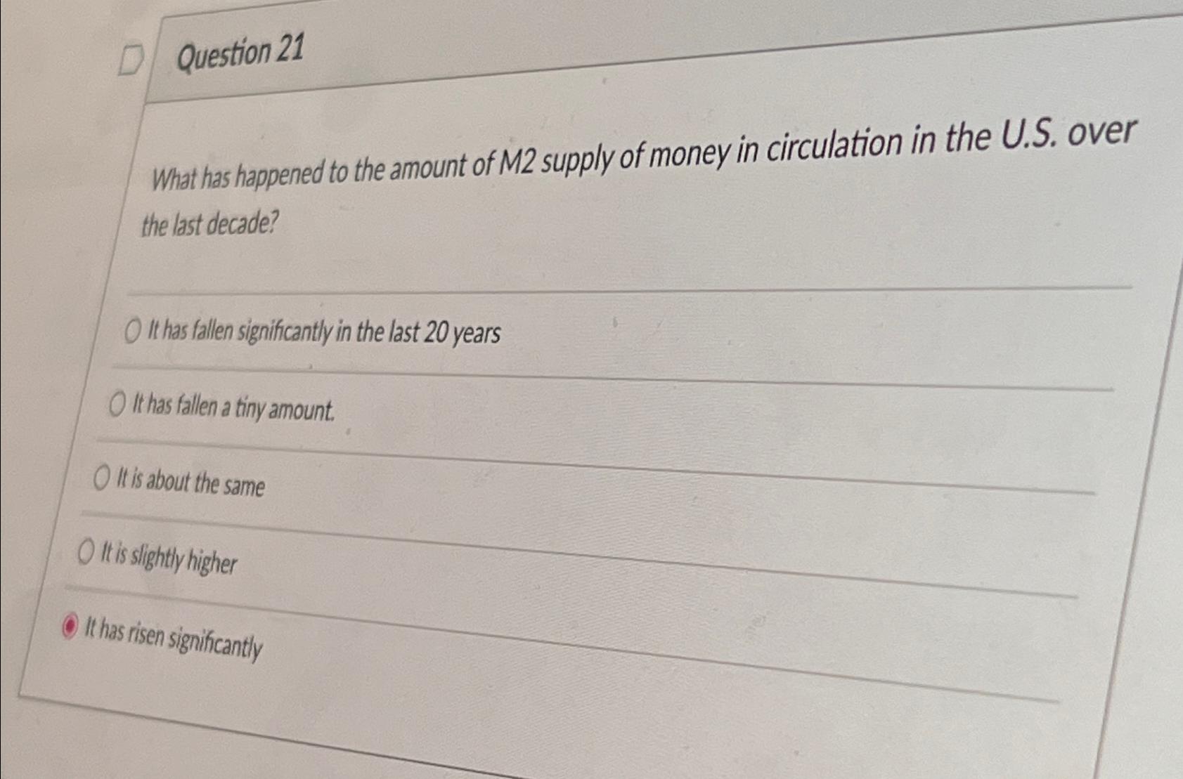 Solved Question 21What has happened to the amount of M2 | Chegg.com