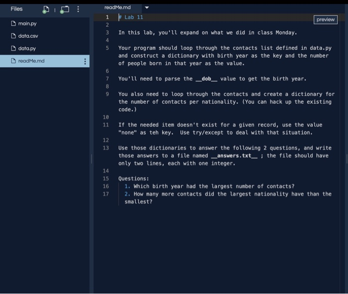 readMe.md Files #Lab 11 1 preview main.py 2 3 In this | Chegg.com