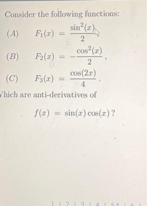 Solved Consider the following functions: sin²(x) (A) F1(x) 2 | Chegg.com