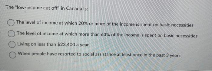 The "low-income cut off" in Canada is: The level of | Chegg.com
