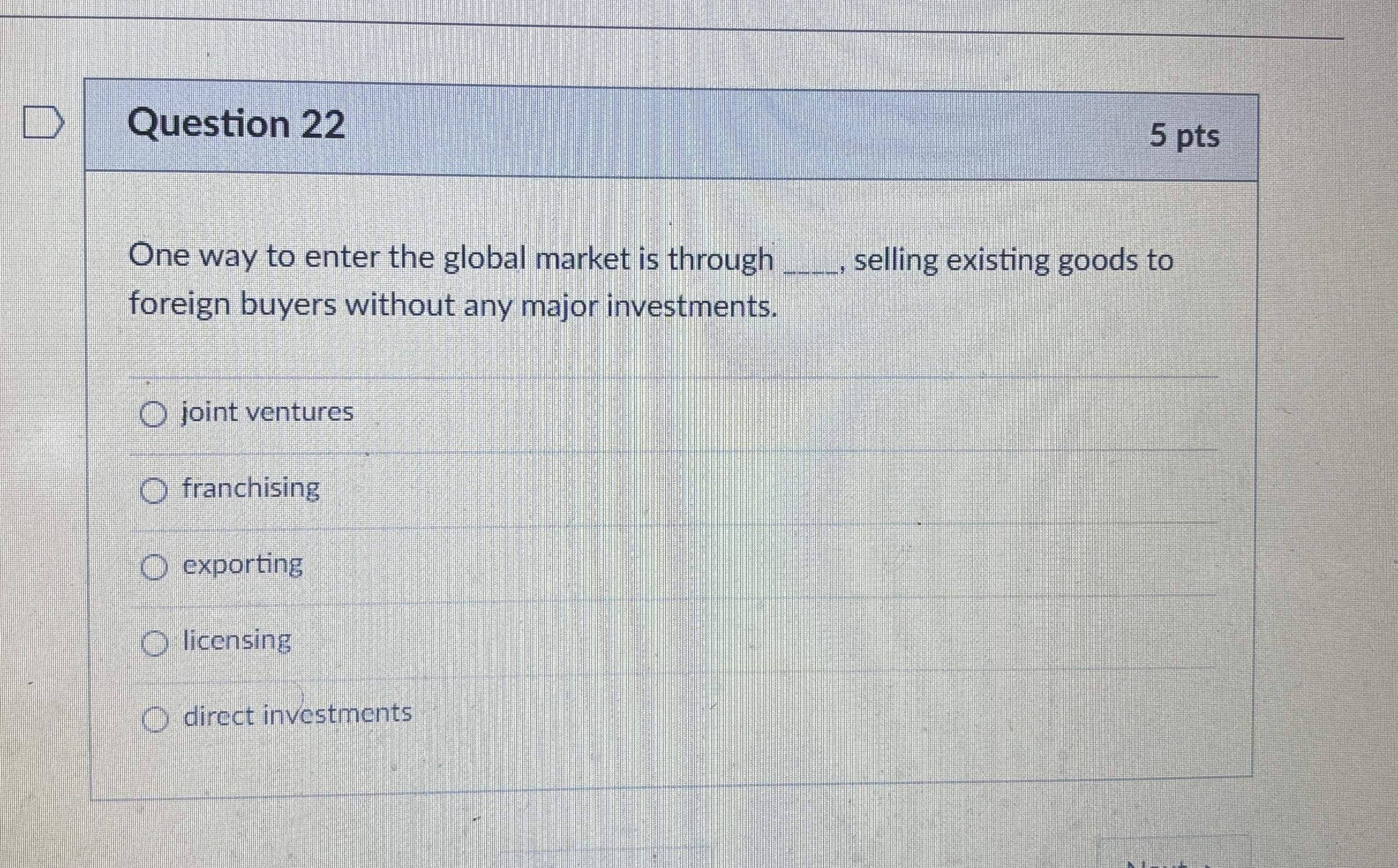 Solved Question 225 ﻿ptsOne way to enter the global market | Chegg.com