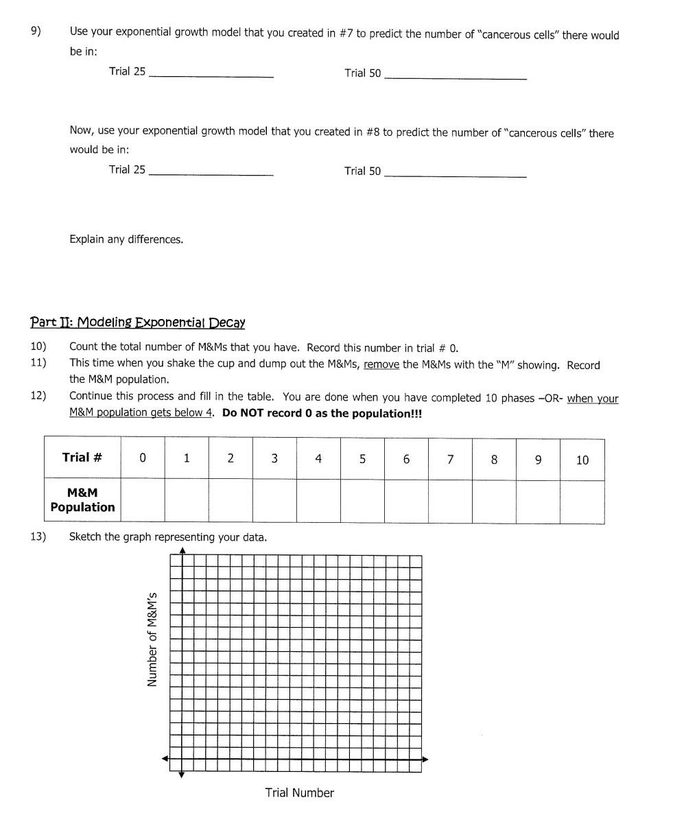 M&M Lab (Exponential Growth and Decay) Part I: | Chegg.com