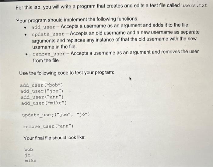 Solved For this lab, you will write a program that creates | Chegg.com