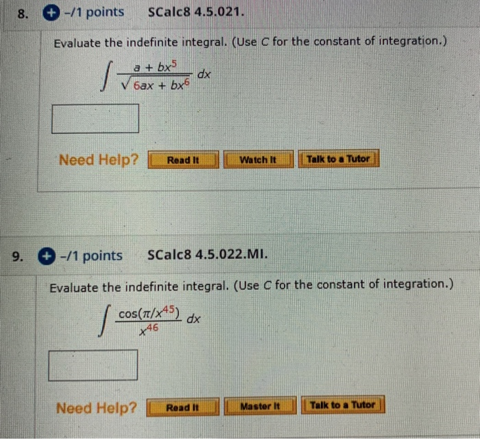 Solved 8. -/1 points sCalc8 4.5.021. Evaluate the indefinite | Chegg.com