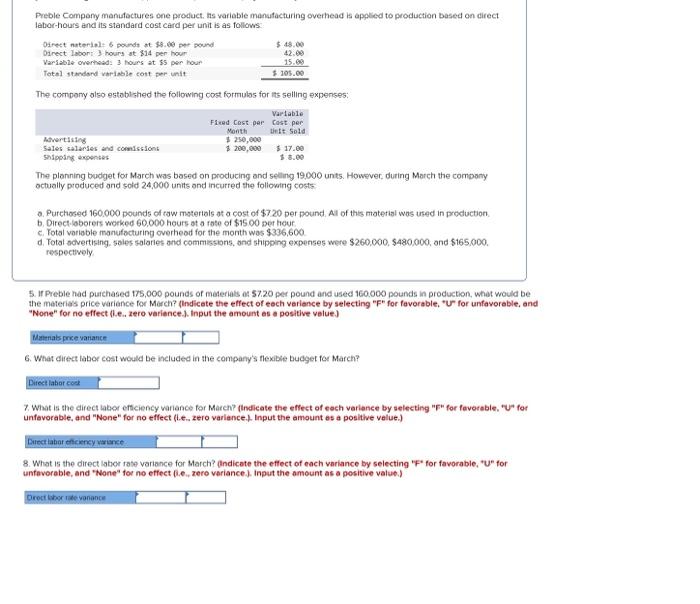 Solved Preble Compony manufoctures one product. is variable | Chegg.com