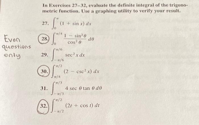 Solved In Exercises 27-32, evaluate the definite integral of | Chegg.com