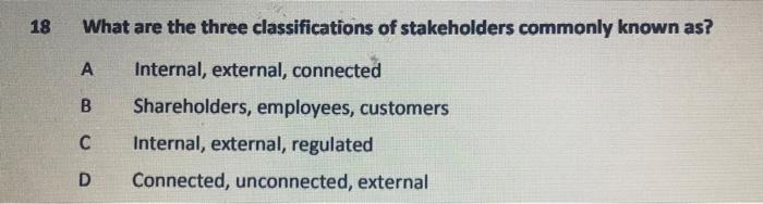 Solved 18 What are the three classifications of stakeholders | Chegg.com
