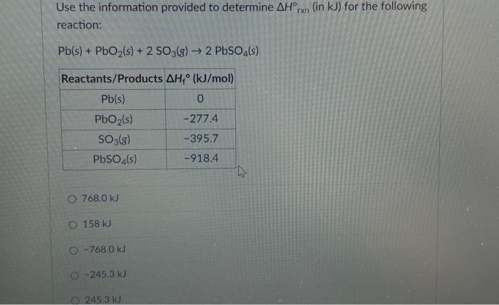 Solved Use the information provided to determine ΔH∘rxn (in | Chegg.com
