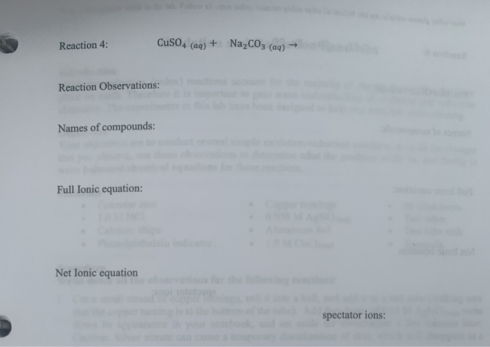 Solved Reaction 4: CuSO4 (aq) + NaCO3 (aq) → Reaction | Chegg.com