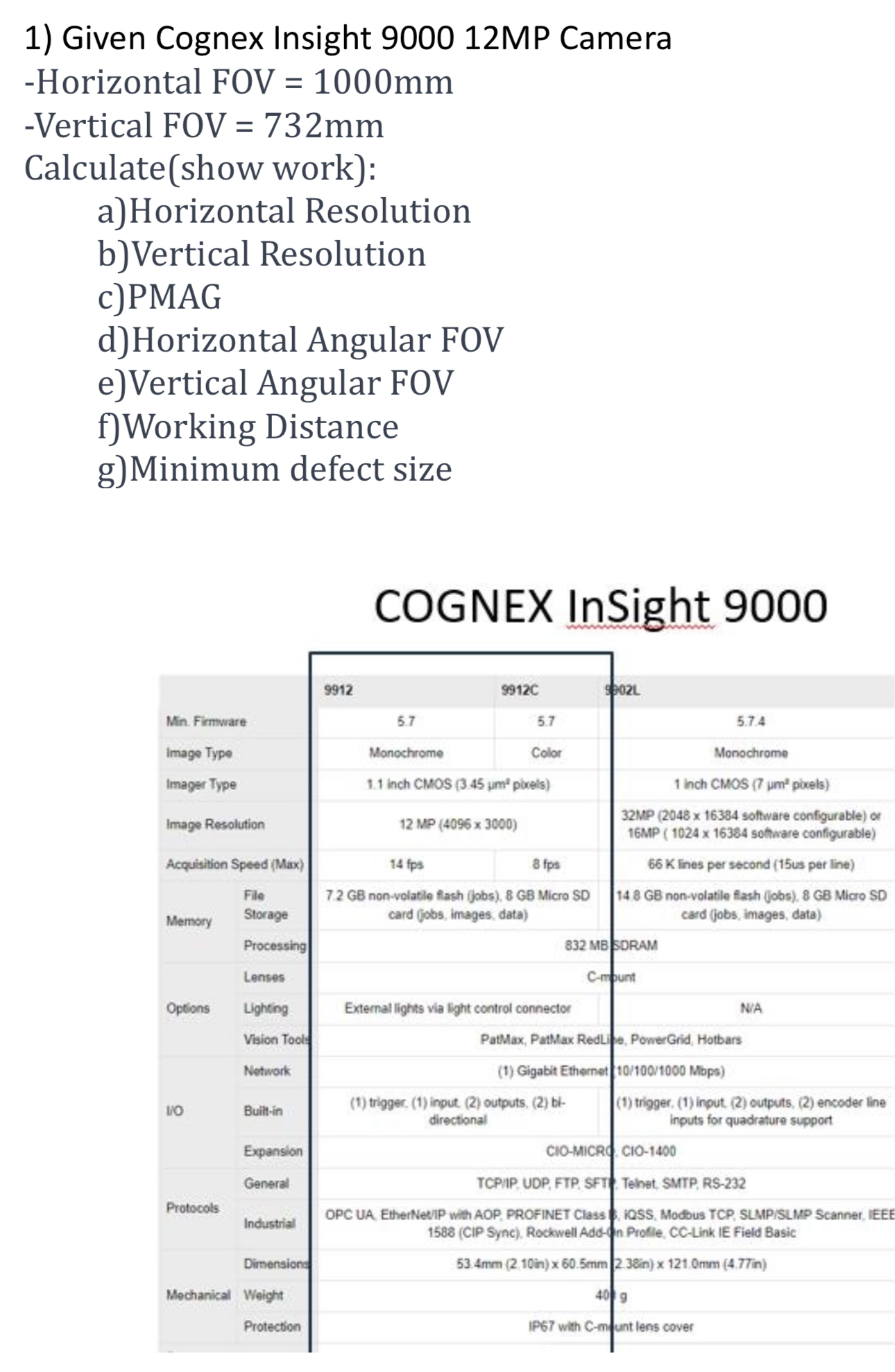 [Solved]: Given Cognex Insight 9000 12MP Camera -Horizontal