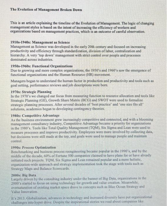 Solved The Evolution of Management Broken Down This is an | Chegg.com
