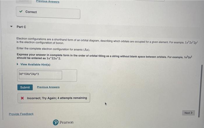Solved Previous Answers Part C Electron configurations are a | Chegg.com