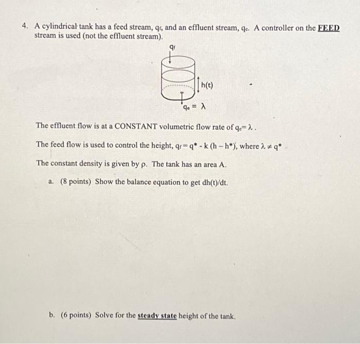 Solved 4. A cylindrical tank has a feed stream, qr, and an | Chegg.com