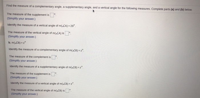 Solved Find the measure of a complementary angle, a | Chegg.com