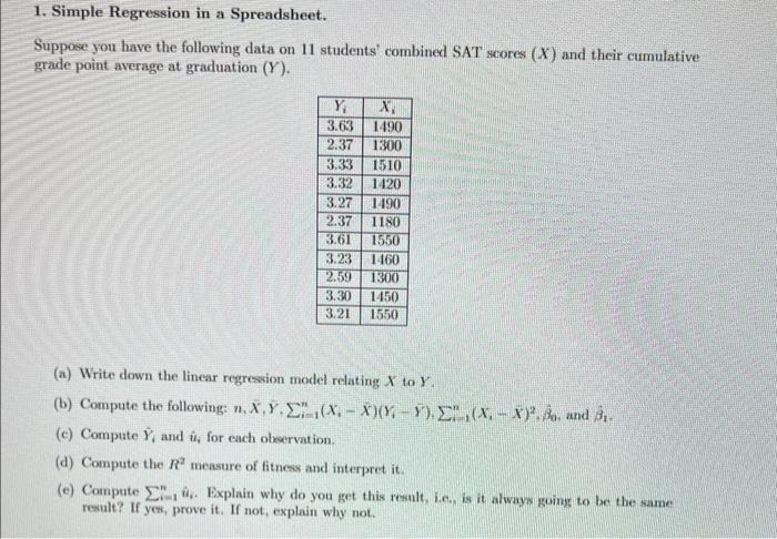 Solved 1. Simple Regression in a Spreadsheet. Suppose you | Chegg.com