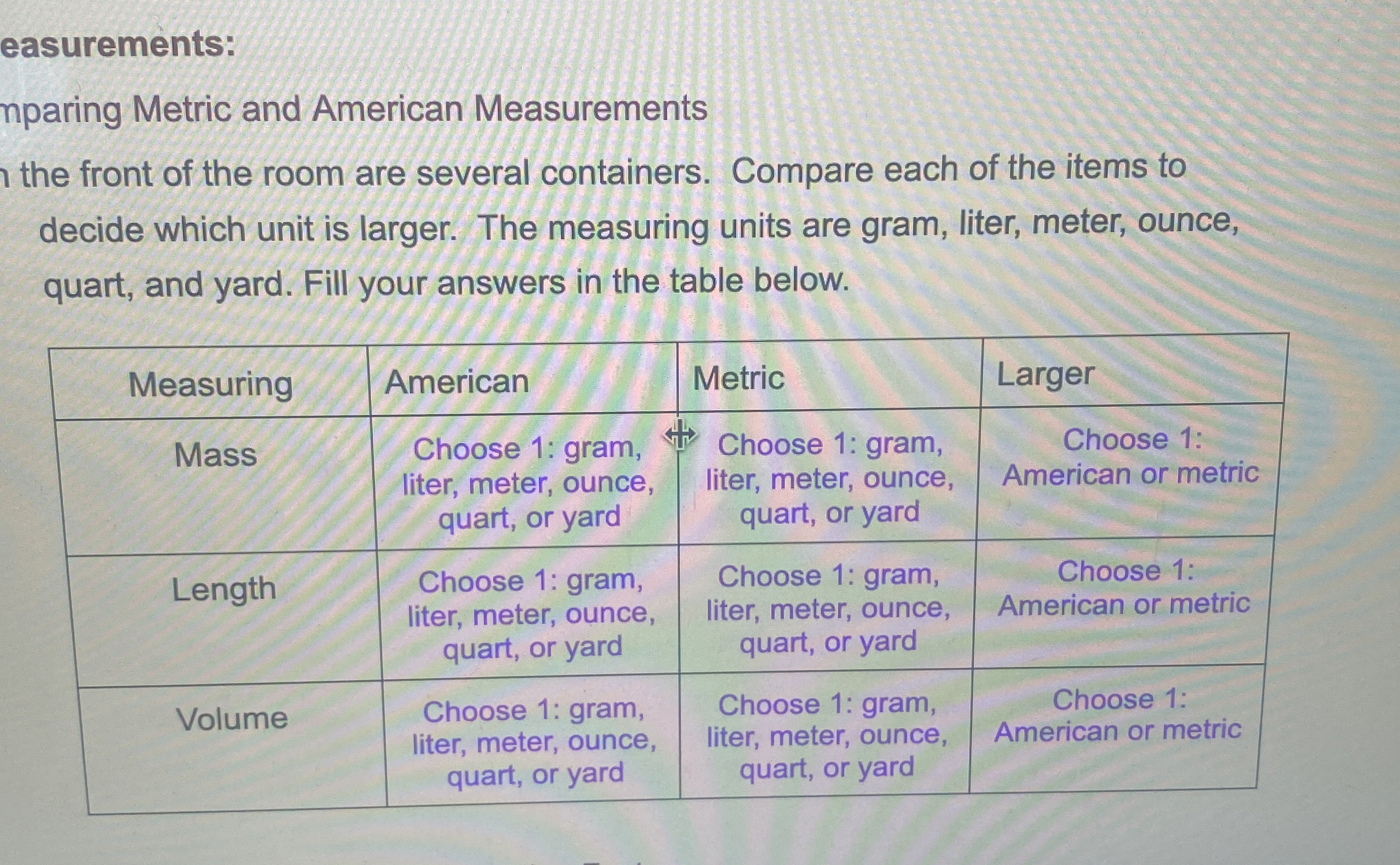 Solved easurements:nparing Metric and American Measurements | Chegg.com