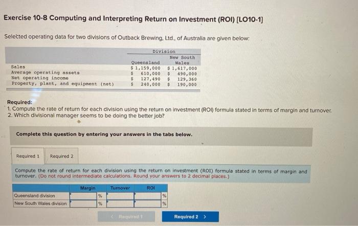Solved Exercise 10-8 Computing and Interpreting Return on | Chegg.com