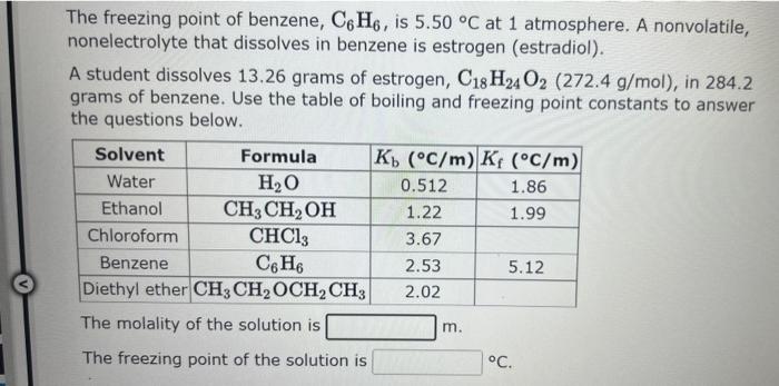 Solved The freezing point of benzene, C6H6, is 5.50∘C at 1 | Chegg.com