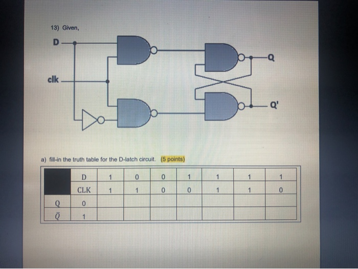 Solved 13) Given a) fill in the truth table for the D-latch | Chegg.com