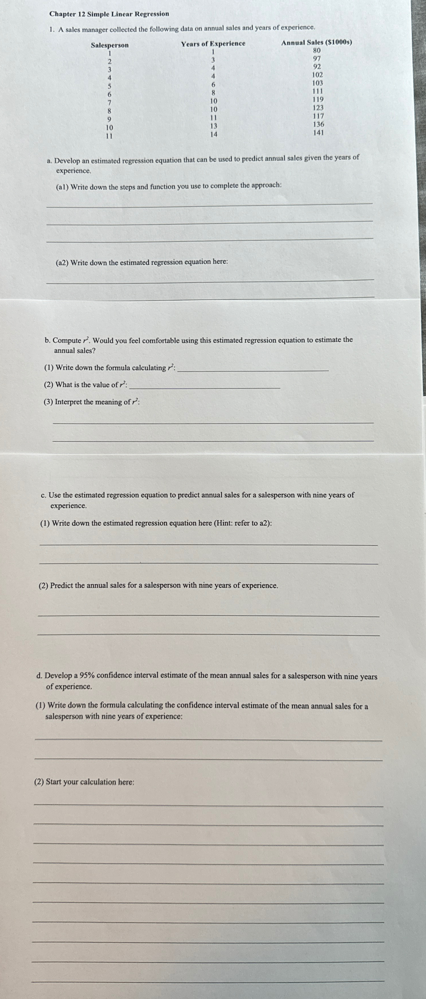 Solved Chapter 12 ﻿Simple Linear RegressionA sales manager | Chegg.com